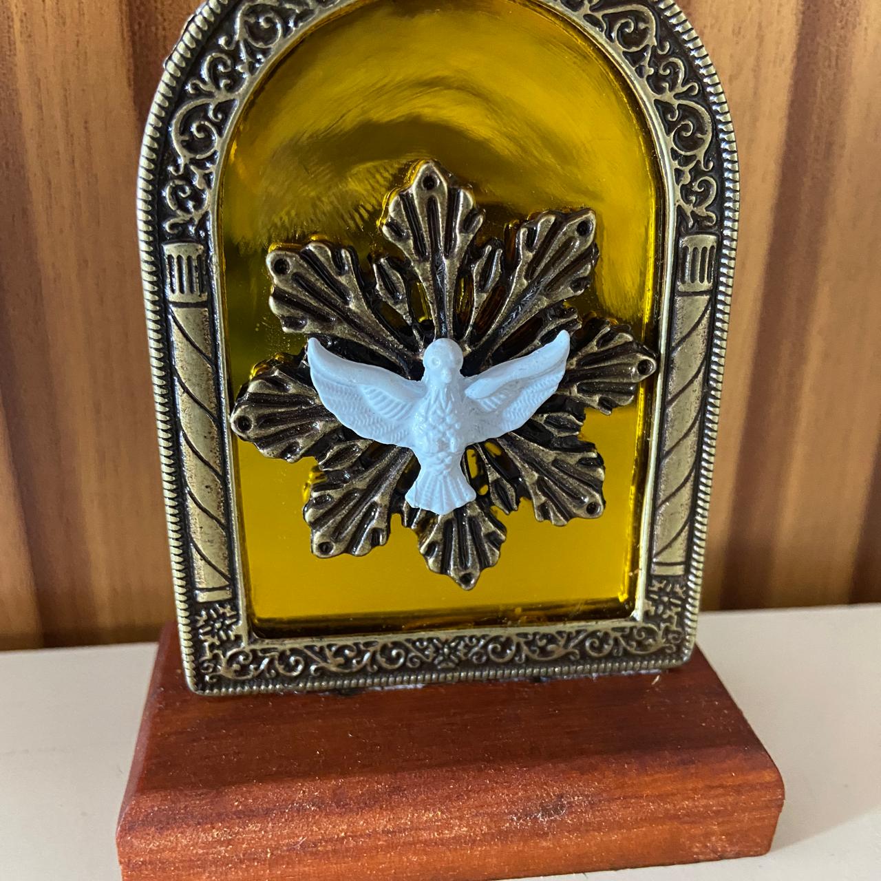 ADORNO DE MESA MADEIRA ESPELHADO DIVINO ESPÍRITO SANTO METAL OURO VELH ...