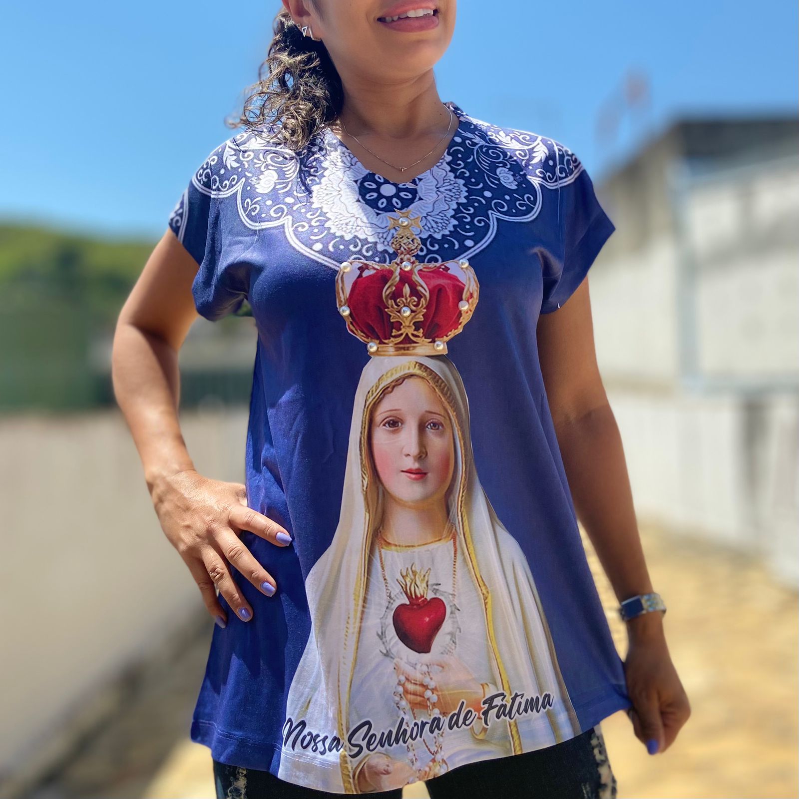 CAMISETA RELIGIOSA NOSSA SENHORA DE FÁTIMA AZUL MOD2 TAMANHO:GG (1 UNI ...